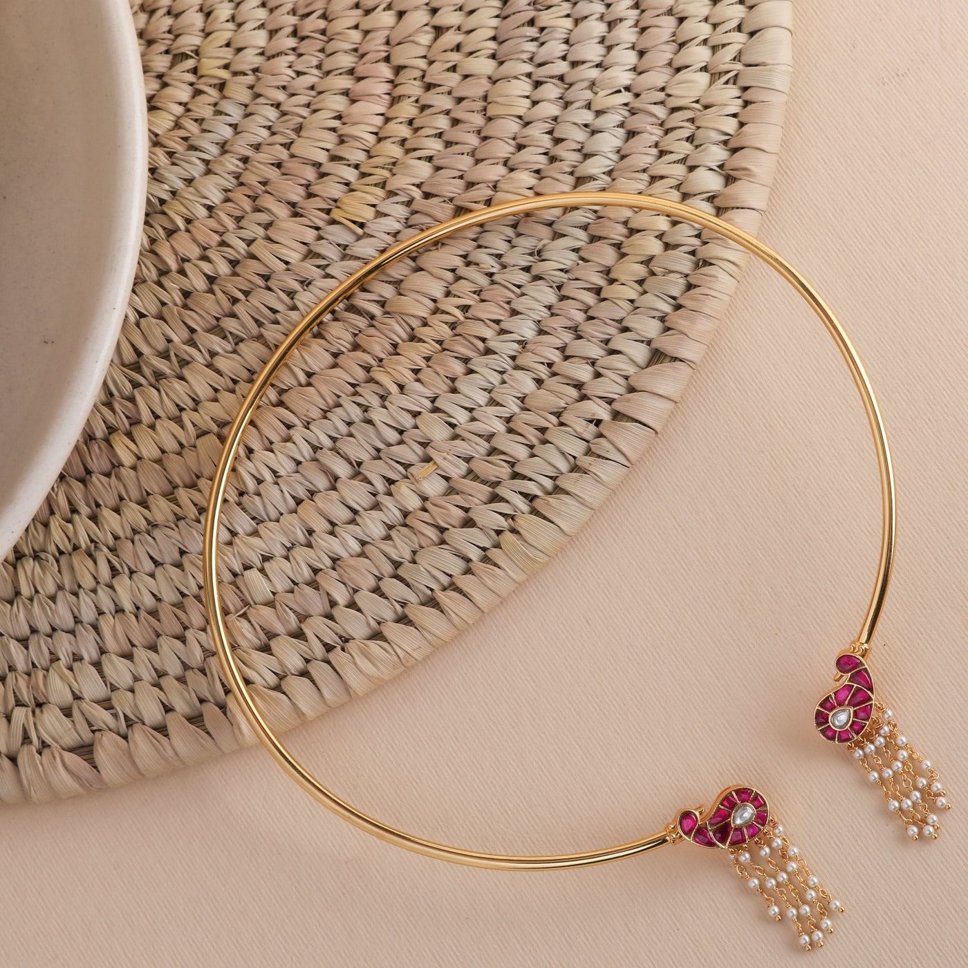 Discover Mayur Jadau and Pearl chain Gold plated Silver Hasli | Paksha