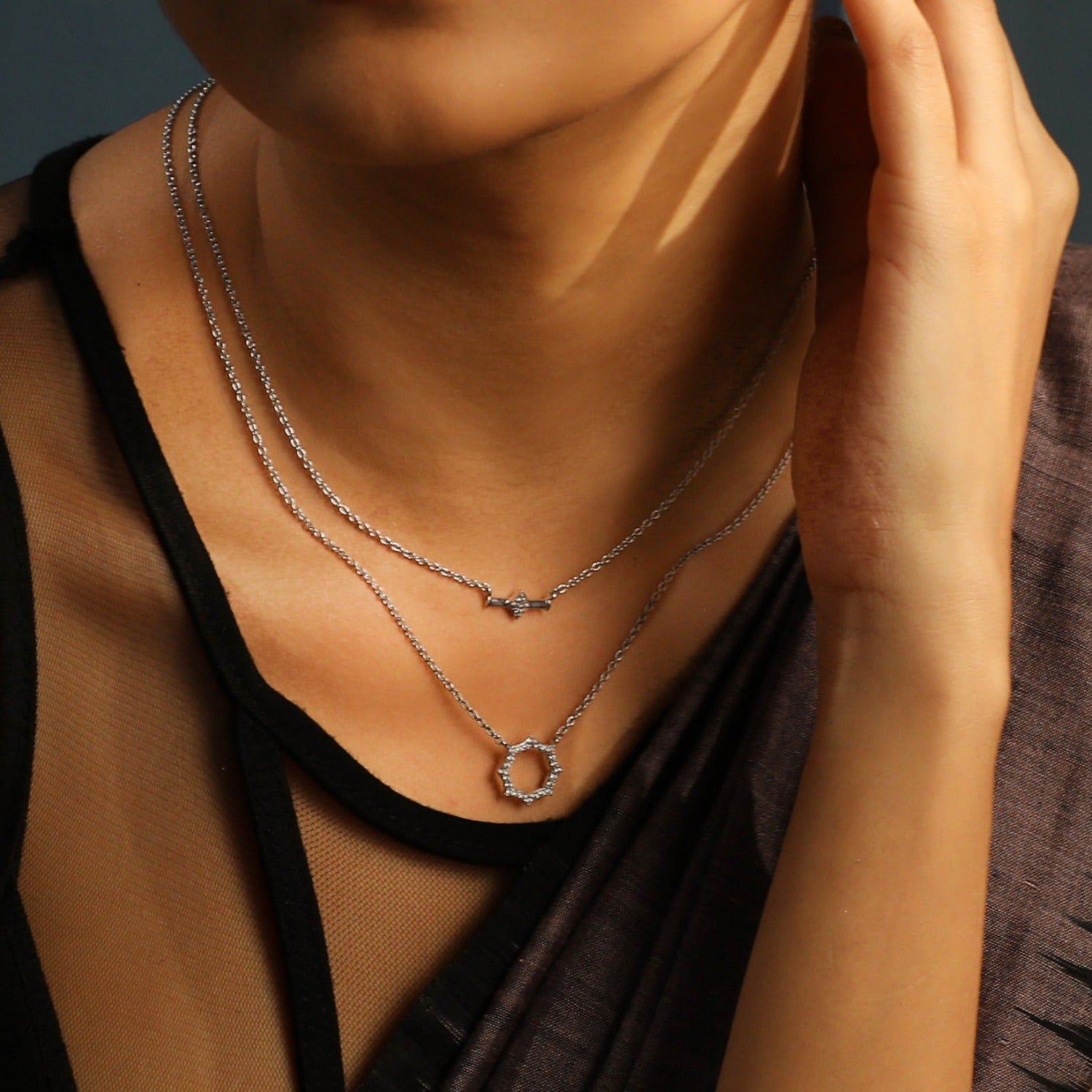 Discover Double Line CZ Charm Delicate Silver Necklace Paksha